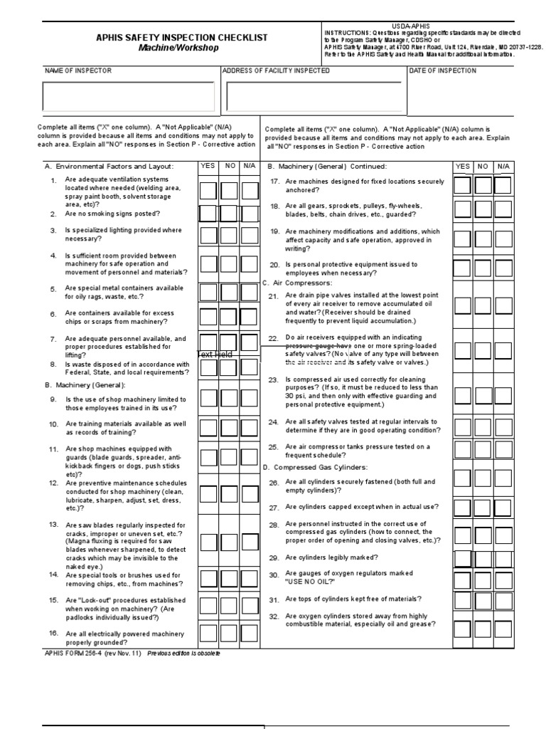 Aphis Safety Inspection Checklist: Machine/Workshop | PDF | Mechanical ...