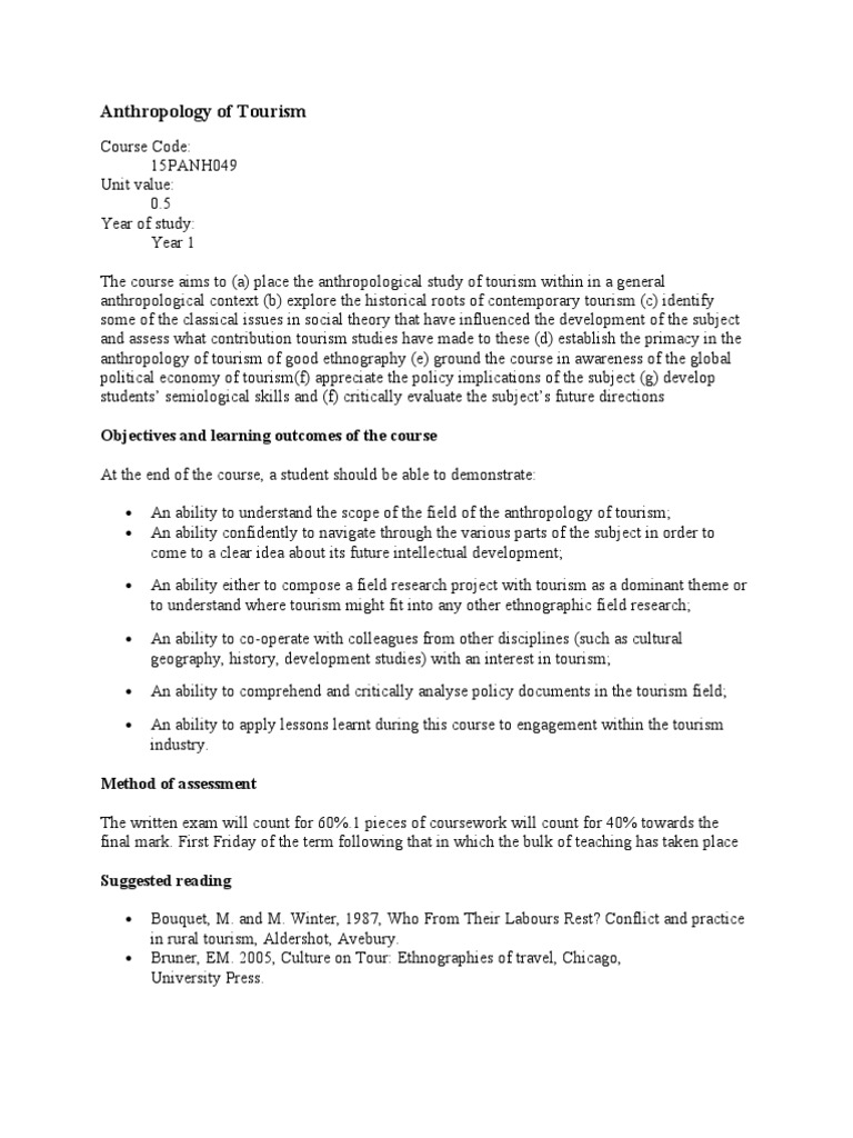 Anthropology Of Tourism Objectives And Learning Outcomes Of The Course