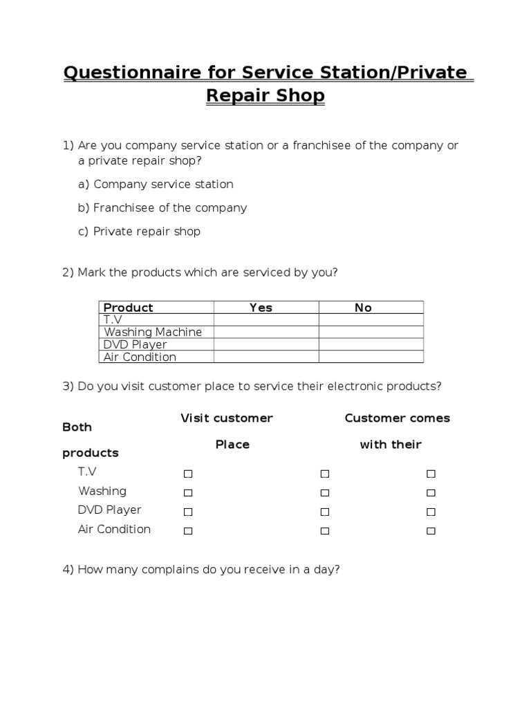 Service Station Repair Shop Questionnaire | PDF | Filling Station ...