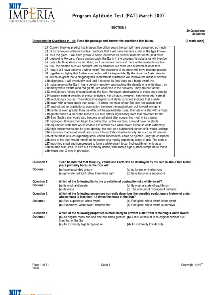 PAT Sample Paper - 2 | Stars | Supernova