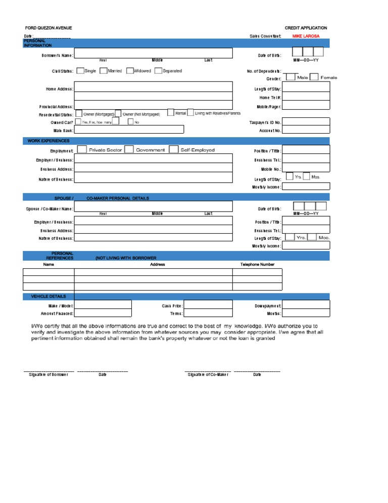 Ford Credit Application Form | PDF | Law
