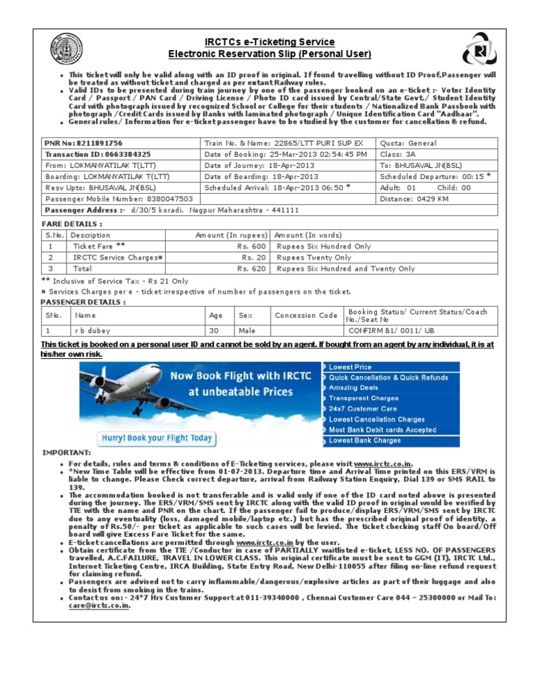 Irctcs E-Ticketing Service Electronic Reservation Slip (Personal User ...
