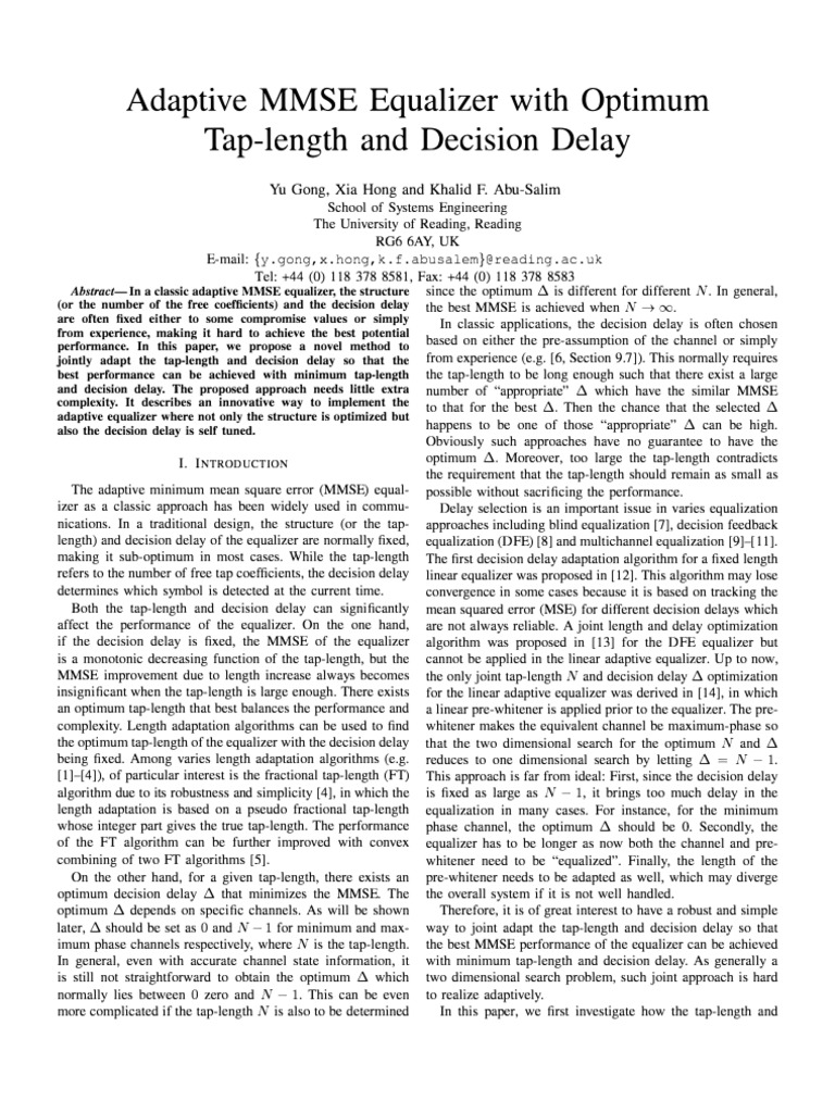 Adaptive Mmse Equalization Pdf Mathematical Optimization