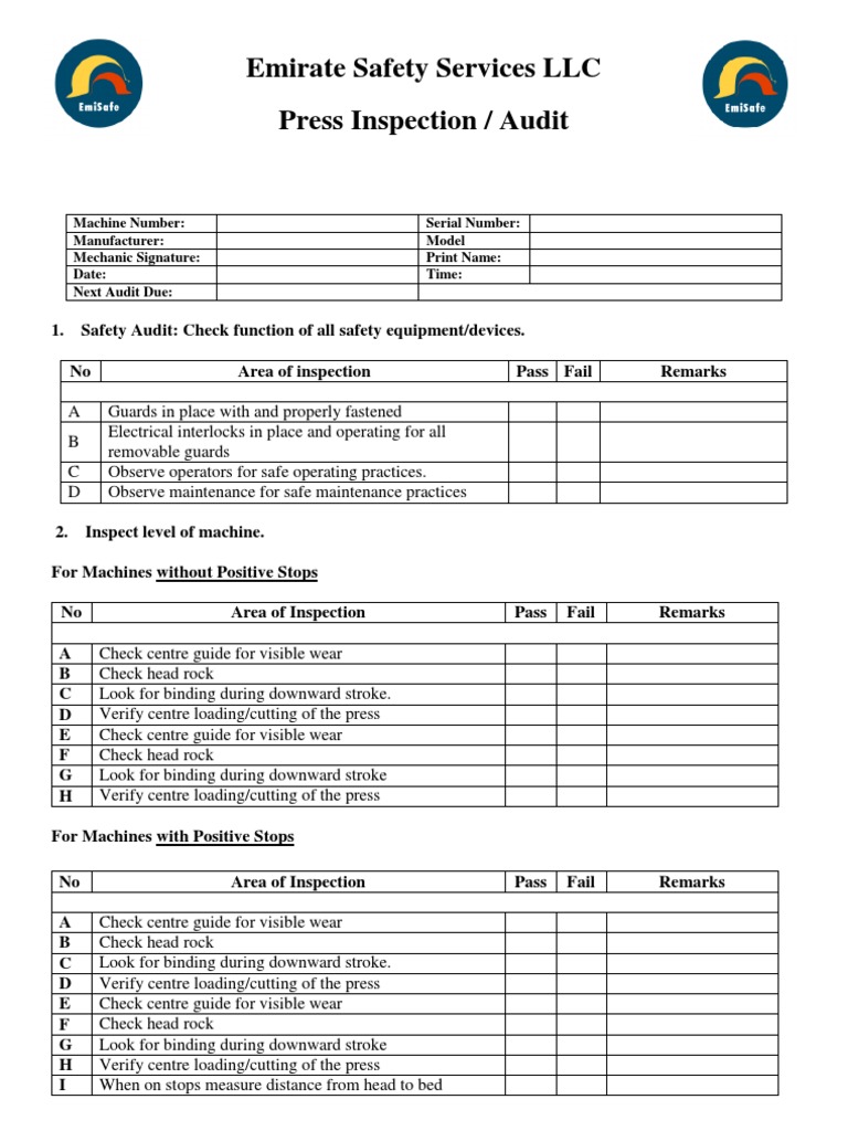 Press inspection audit report | PDF | Machines | Wear