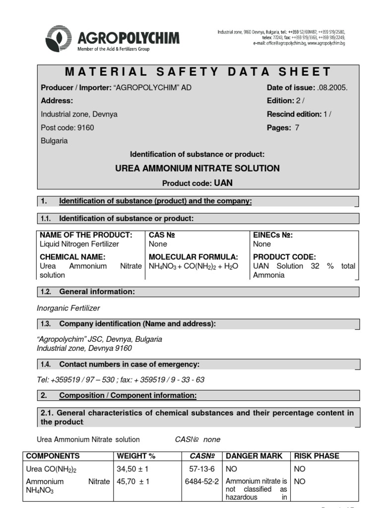 Urea Ammonium Nitrate Safety Data Sheet | PDF | Urea | Ammonia