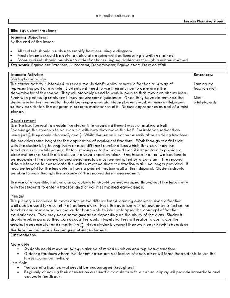 Equivalent Fractions Lesson Plan | PDF | Fraction (Mathematics ...