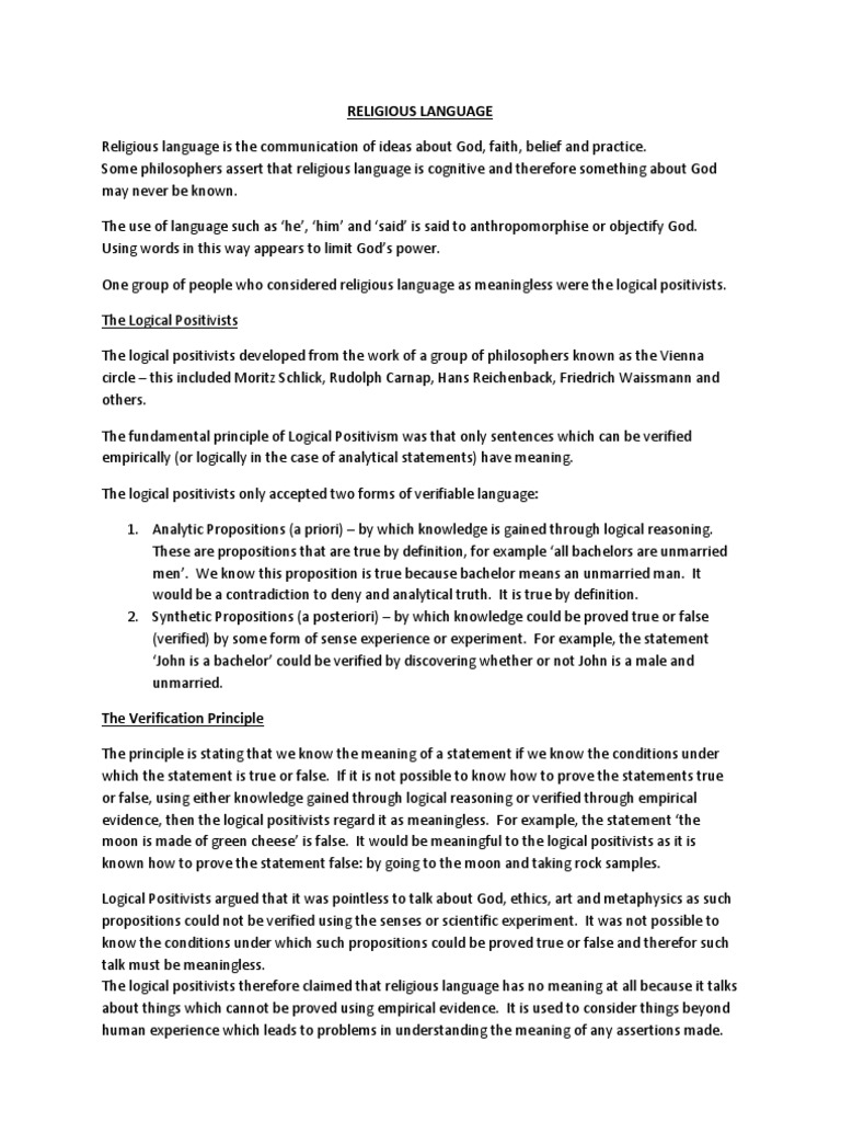 Religious Language | PDF | Mythology | Positivism