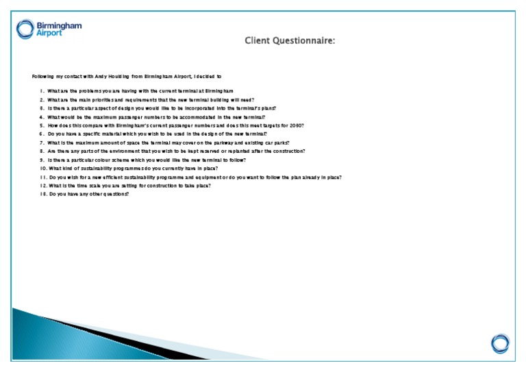 Birmingham Airport Terminal Design Questionnaire | PDF
