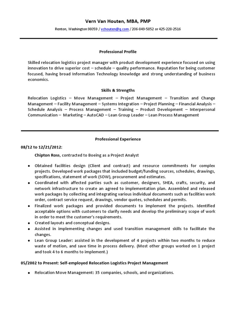 Relocation Logistics Project Manager in Seattle WA Resume Vern Van ...