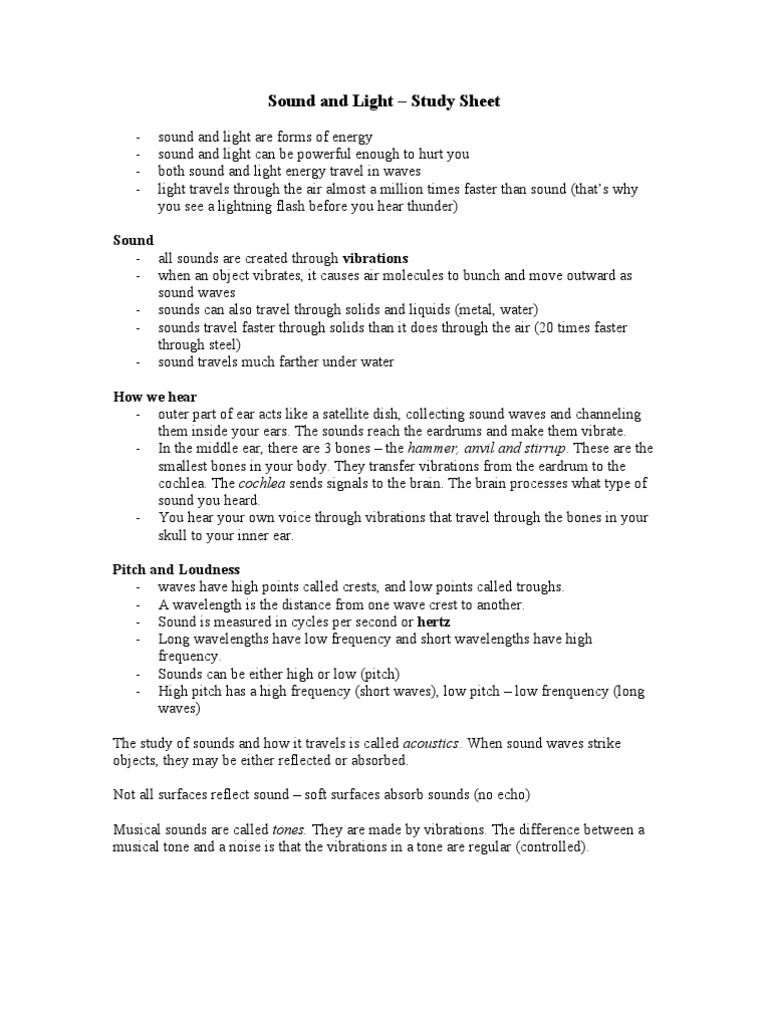 Sound and Light Study Sheet-1 | PDF | Sound | Light