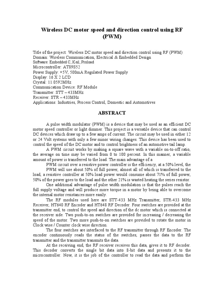 Wireless DC Motor Speed and Direction Control Using RF | PDF | Power ...