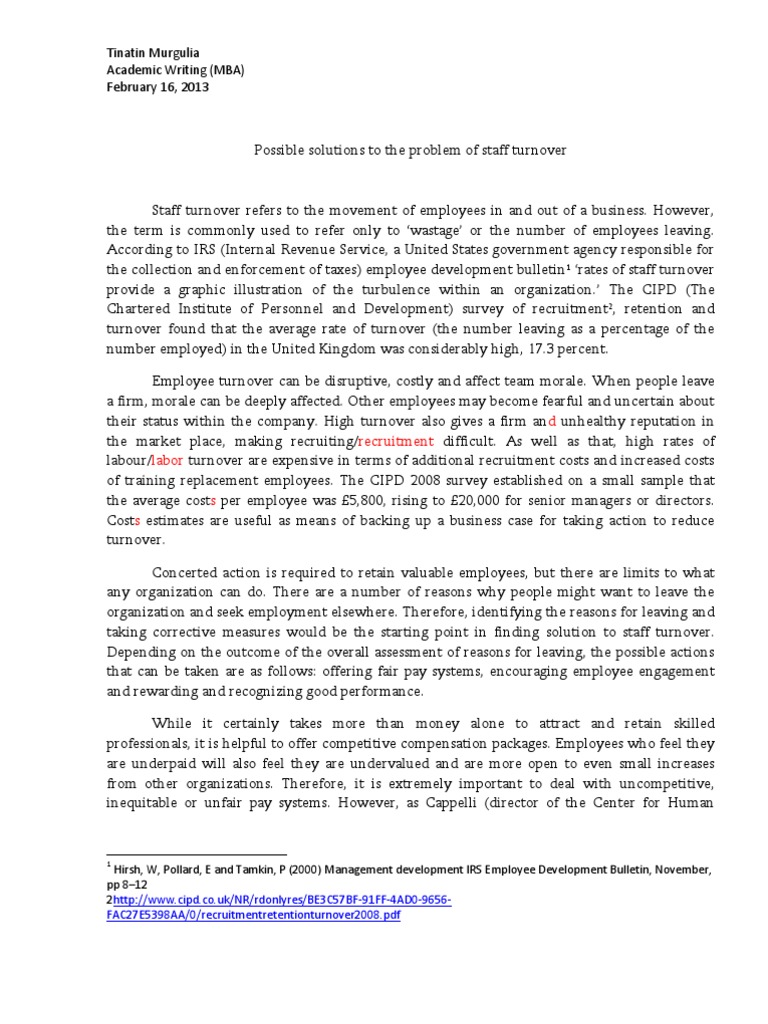 Discuss Possible Solutions To The Problem of Staff Turnover. | PDF ...
