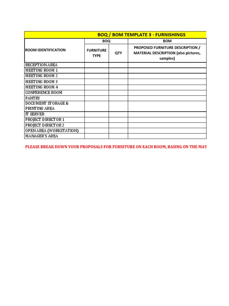 Boq Bom Template 3 - Furnishings | PDF