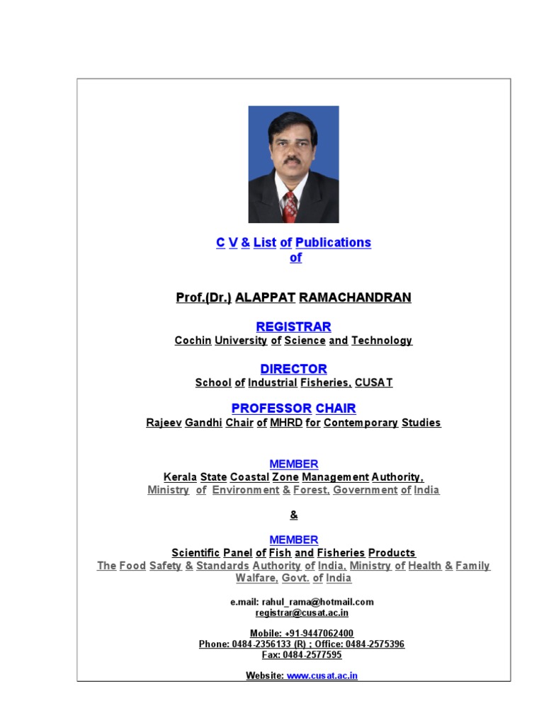 Prof. Dr. Alappat Ramachandran Registrar, Cochin University of Science ...