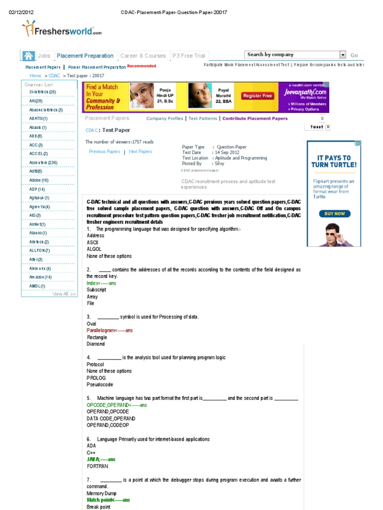 Cdac Placement Paper Question Paper 20017 Subroutine Pointer Computer Programming