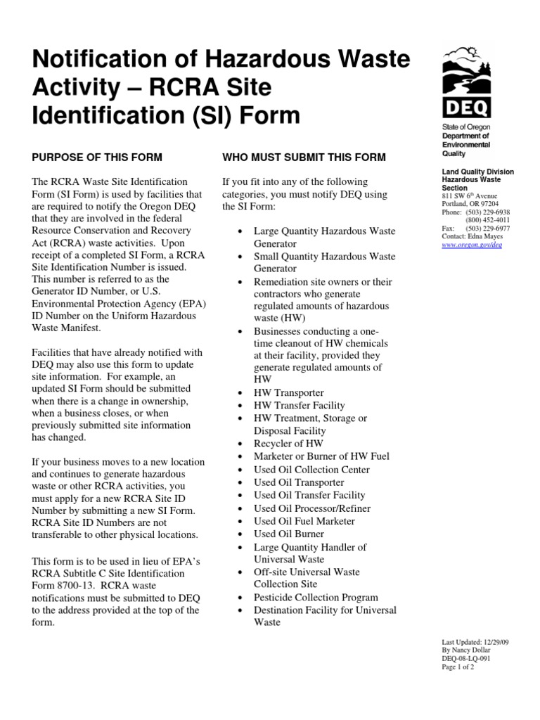 Notification Haz Waste Activity - RCRA | Resource Conservation And ...