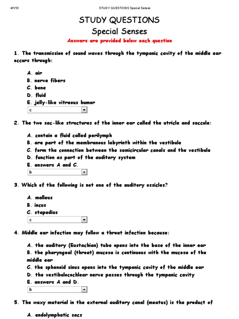 Special Senses Study Questions | PDF | Ear | Auditory System