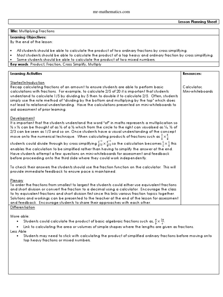 Multiplying Fractions Lesson Plan | PDF | Fraction (Mathematics) | Learning