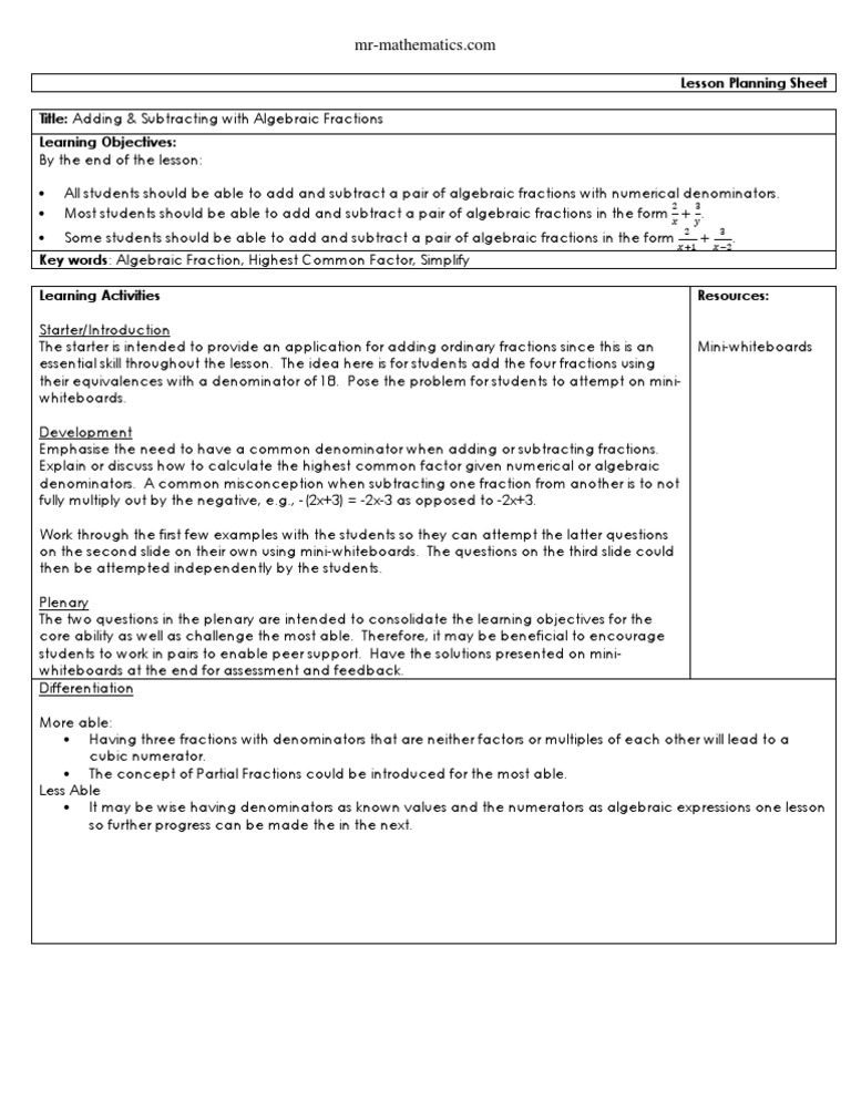 Adding and subtracting algebraic fractions lesson plan | Fraction ...