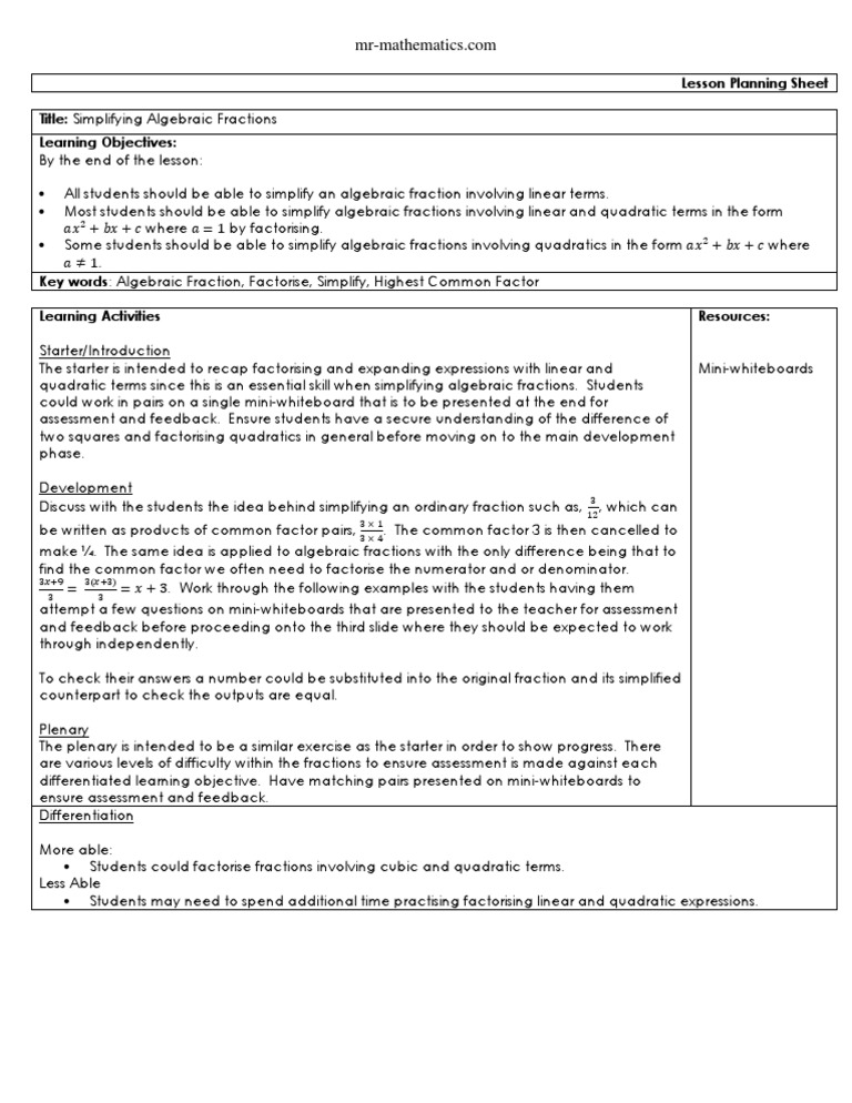 Simplifying Algebraic Fractions Lesson | PDF