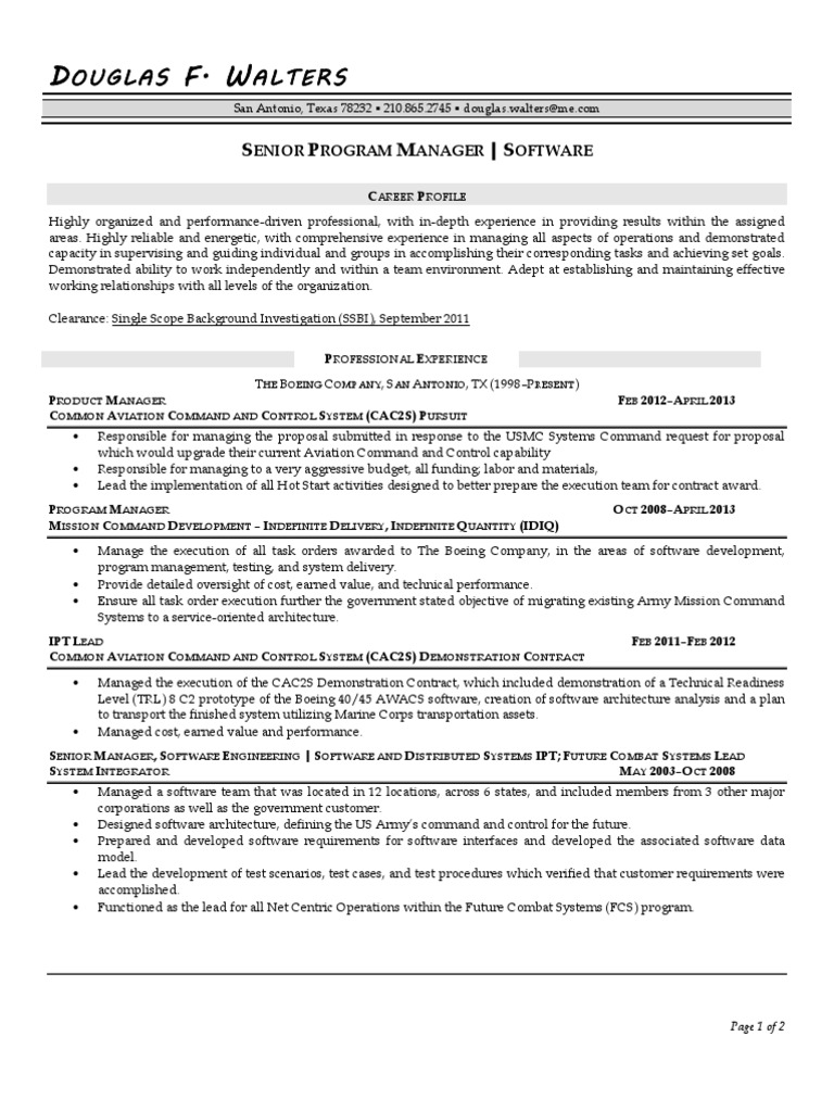 Senior Program Manager Software in San Antonio TX Resume Douglas ...