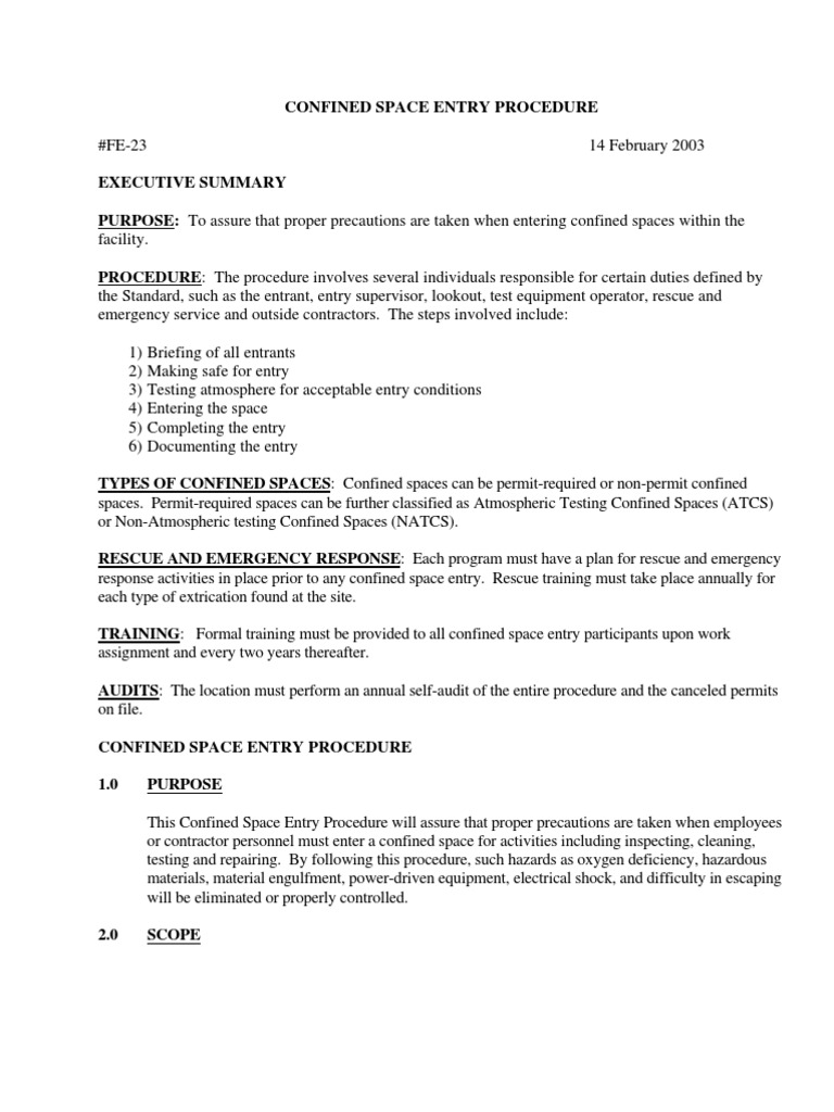 Confined Space Entry Procedure | PDF | Technology & Engineering