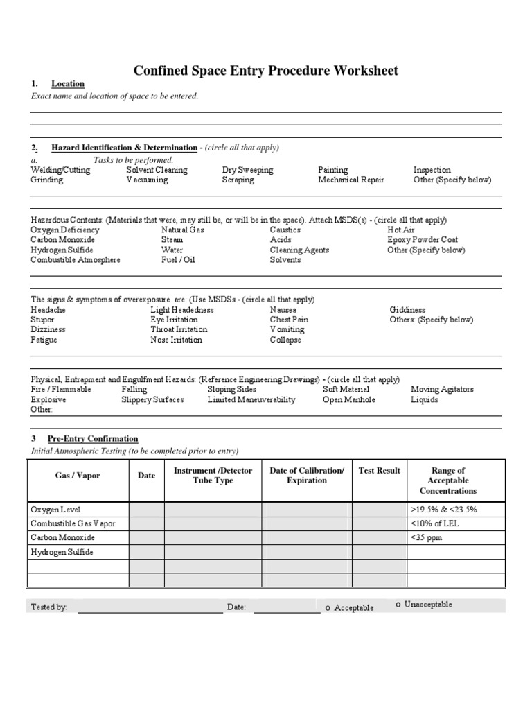 Confined Space Entry Procedure Worksheet | PDF | Oxygen | Fires
