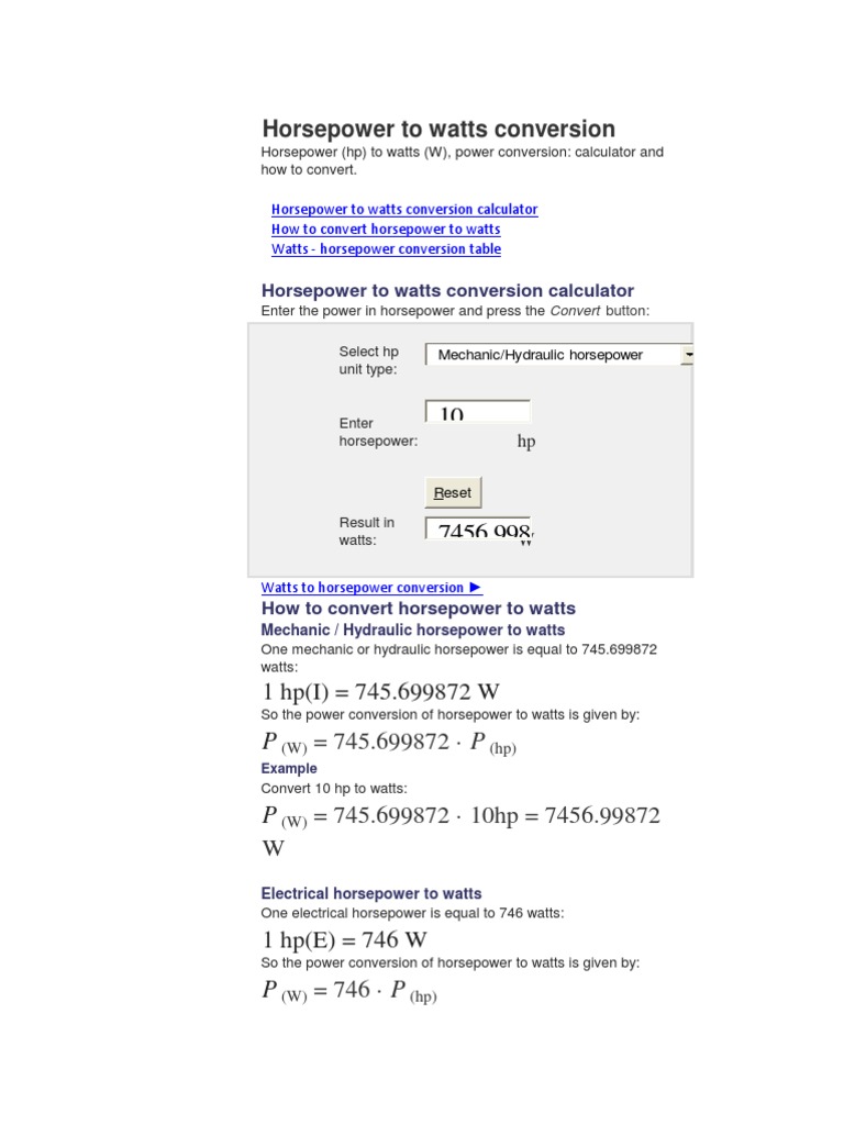 Conversion HP A Watts | PDF | Horsepower | Watt