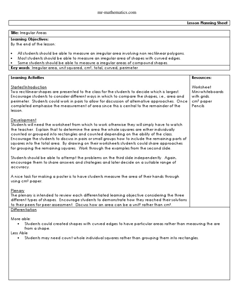 Area of Irregular Shapes Lesson Plan | PDF | Area | Shape