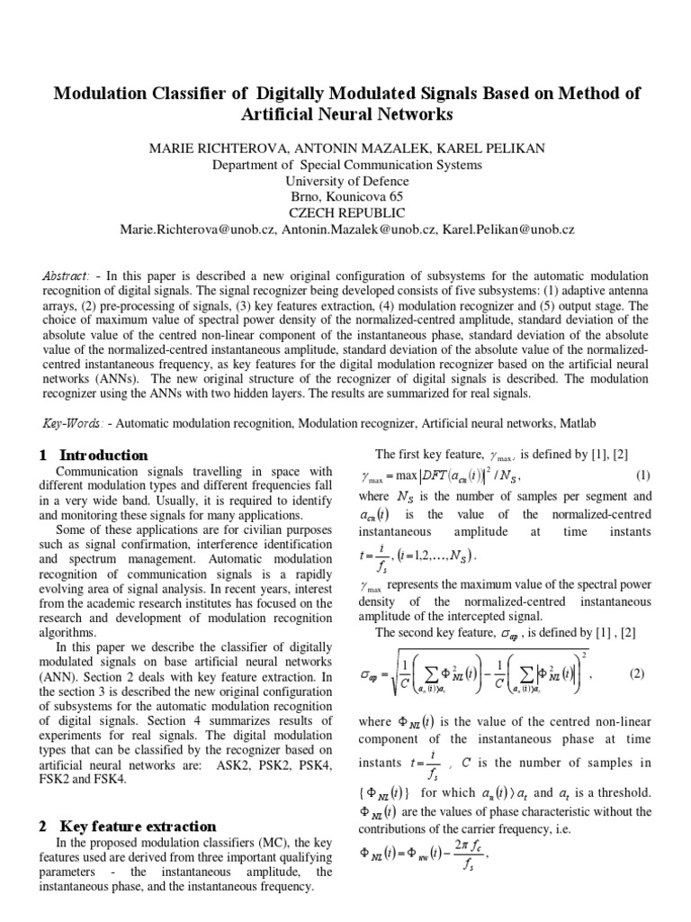 Modulation Classifier of Digitally Modulated Signals Based On Method of Artificial Neural ...