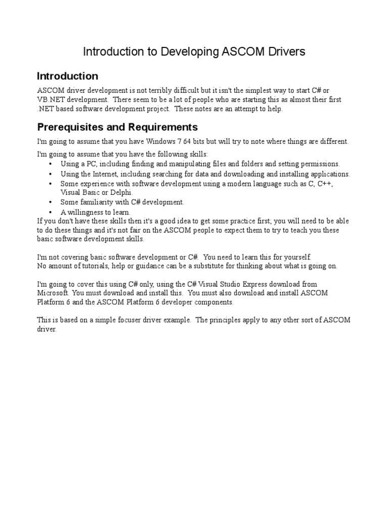 Introduction To Developing ASCOM Drivers | PDF | C Sharp (Programming Language) | Device Driver