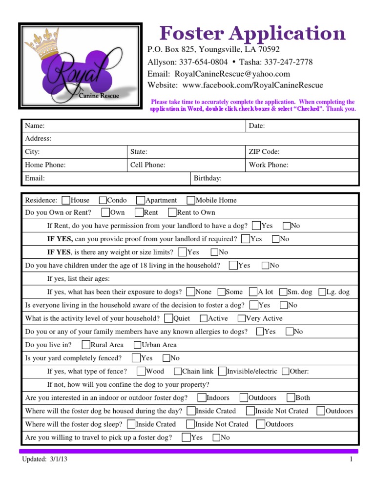 Foster Application: P.O. Box 825, Youngsville, LA 70592 Allyson: 337 ...