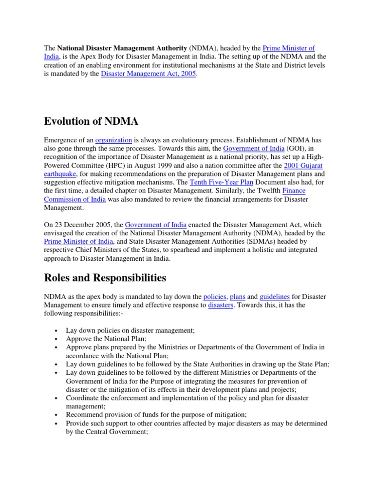 Evolution of NDMA: Prime Minister of India Disaster Management Act, 2005 | PDF | Emergency ...