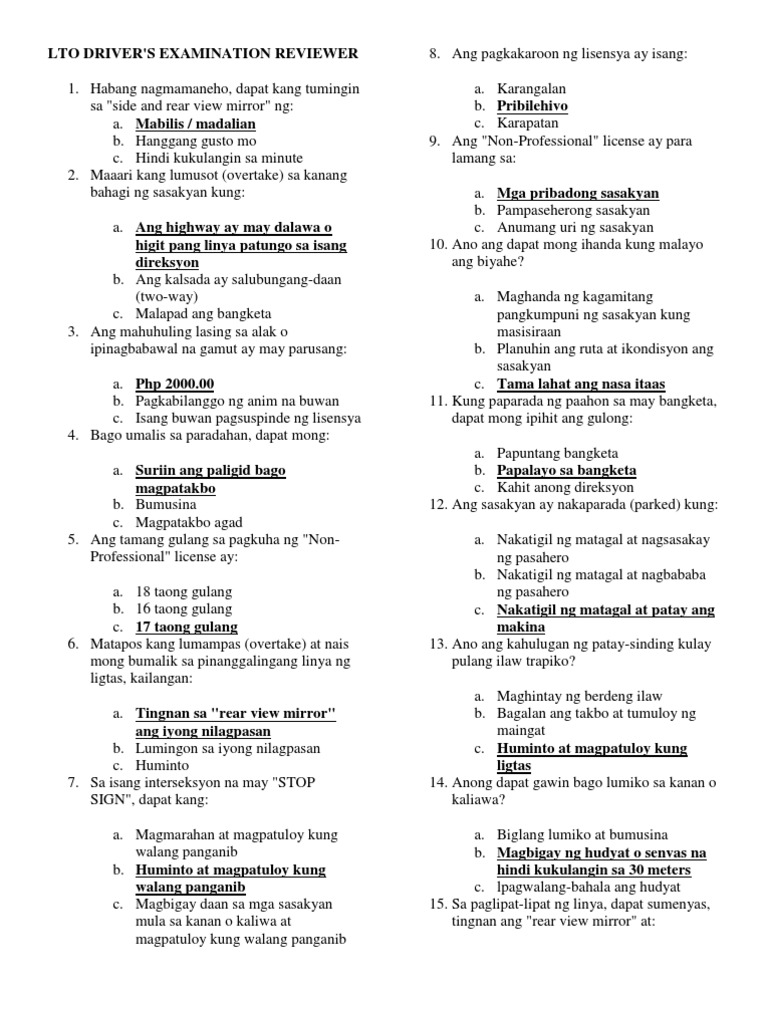 LTO DRIVER Exam Reviewer PDF | PDF