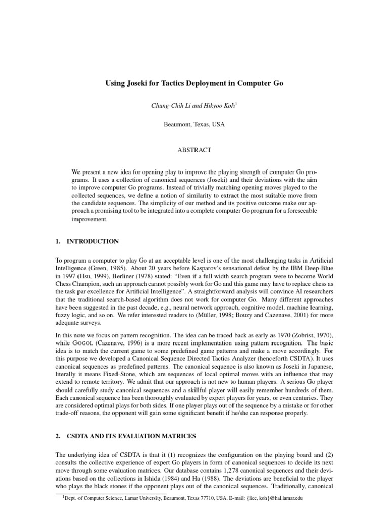 Using Joseki For Tactics Deployment in Computer Go: Chung-Chih Li and ...
