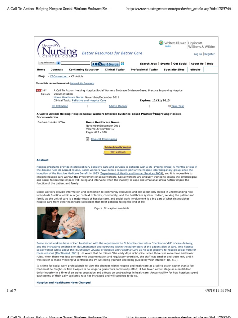 A Call To Action: Helping Hospice Social Workers Embrace Evidence-Based ...