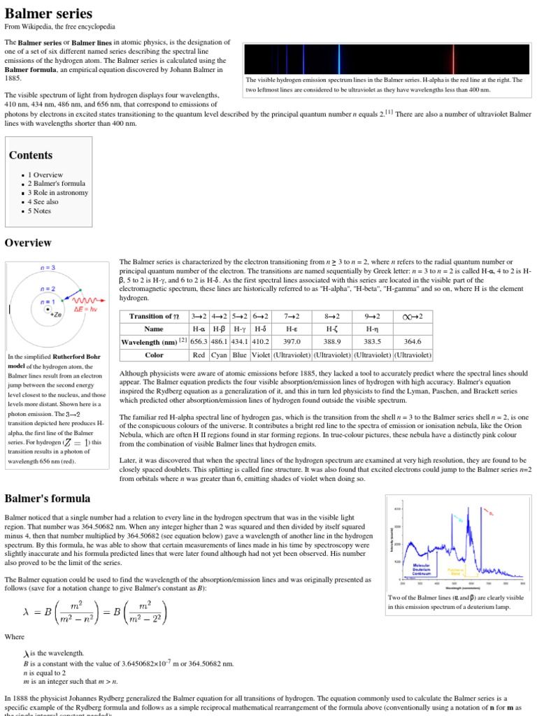 Balmer Series - Wikipedia, The Free Encyclopedia | PDF | Astronomy | Atomic