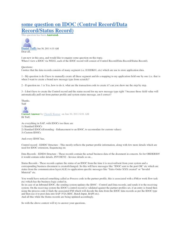 Some Question On IDOC (Control Record/Data Record/Status Record) | PDF | Information | Areas Of ...