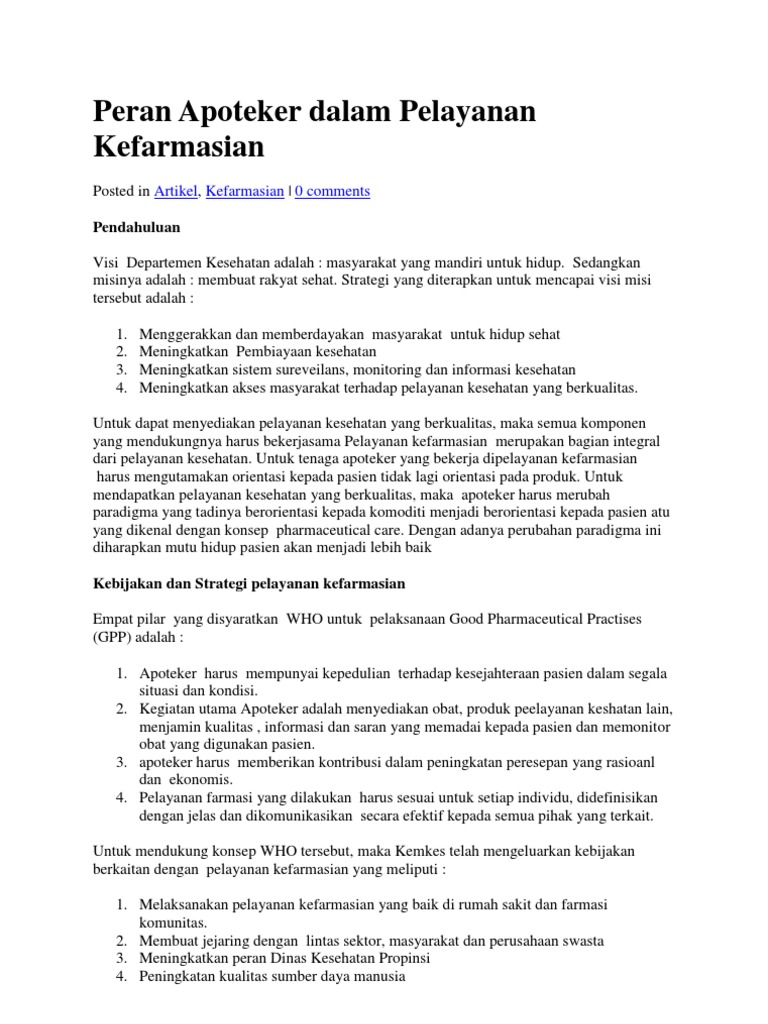 Peran Apoteker Dalam Pelayanan Kefarmasian | PDF