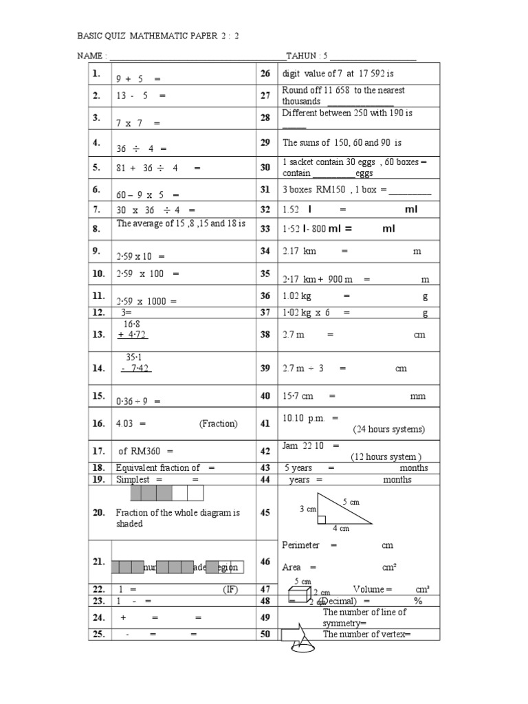 Basic Math Quiz for Year 5 Students | PDF | Science & Mathematics