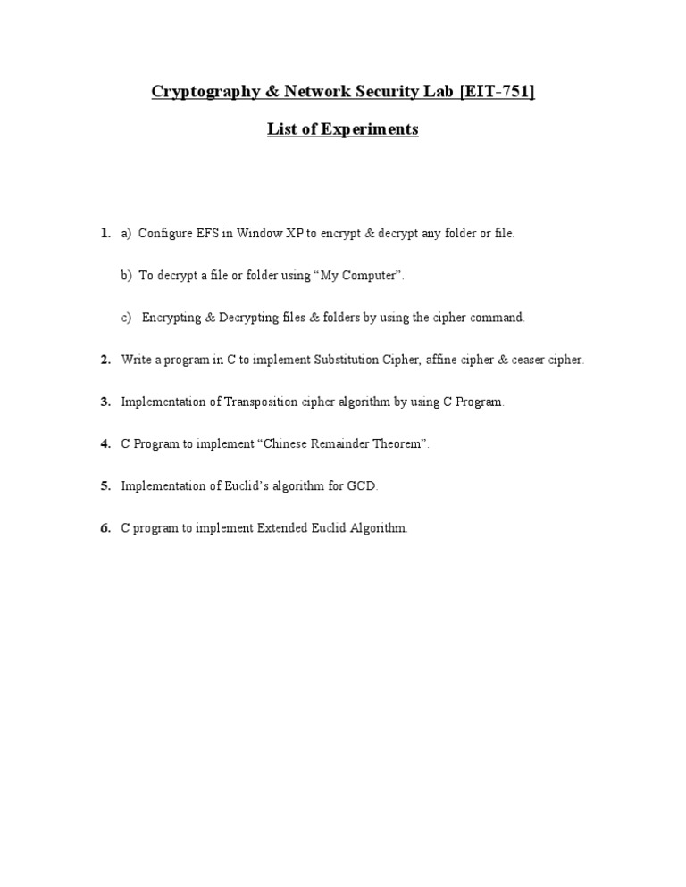 Cryptography Lab Experiments List | PDF