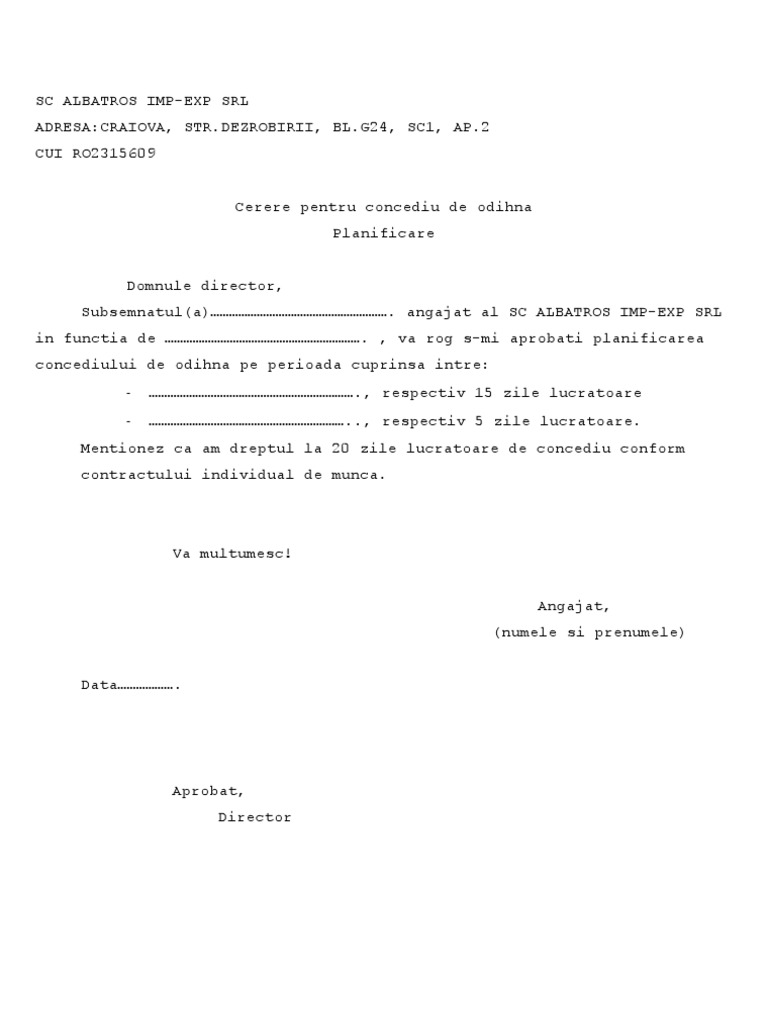 Model Cerere Concediu - Planificare | PDF