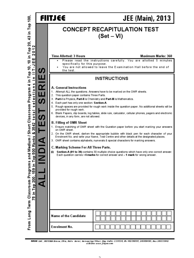 Concept Recap Test Mains 6 | PDF | Physics | Mechanics