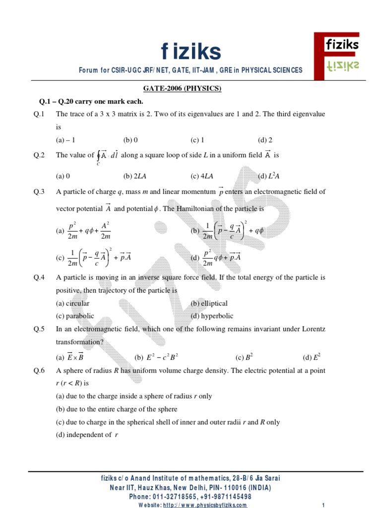 GATE-2006 Physics Question Paper | PDF | Field Effect Transistor ...