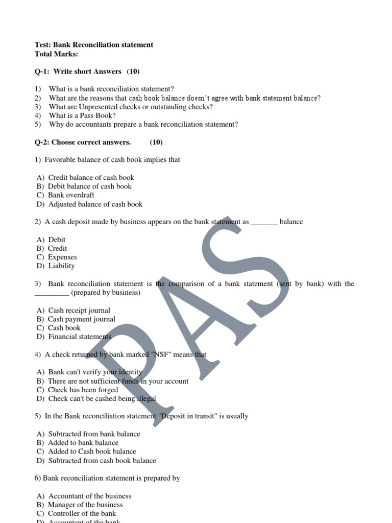 BRS Test | PDF | Bookkeeping | Cheque