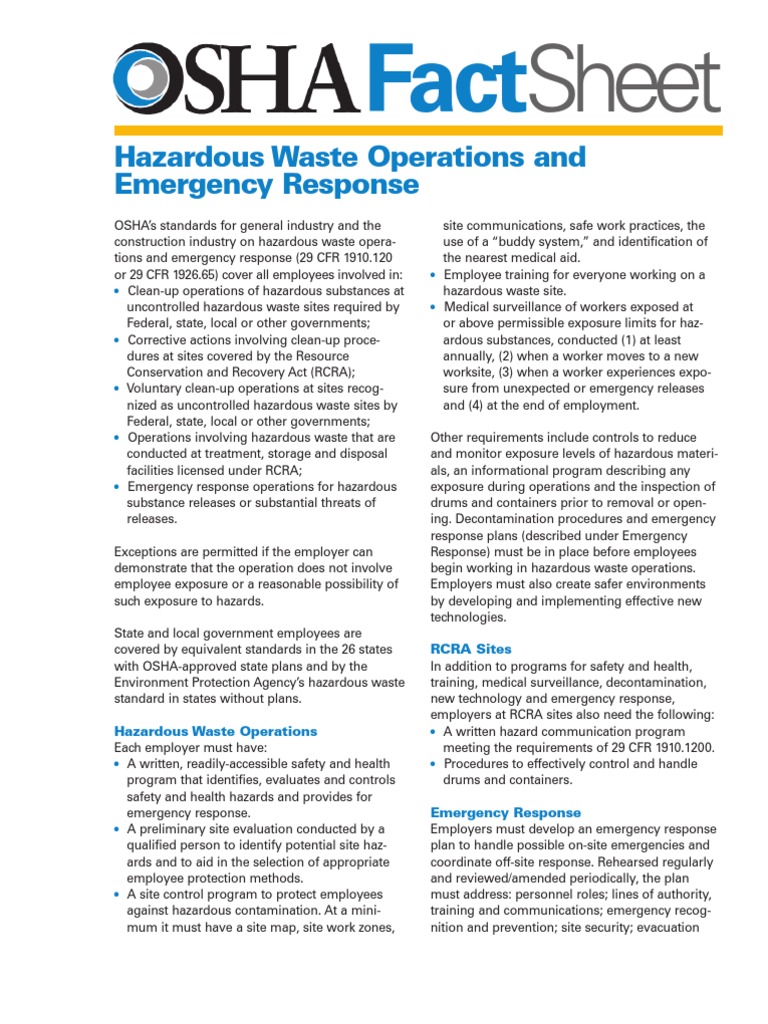 Sheet: Hazardous Waste Operations and Emergency Response | PDF ...