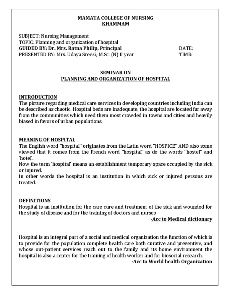 Hospital Planing and Organization | PDF | Hospital | Nursing