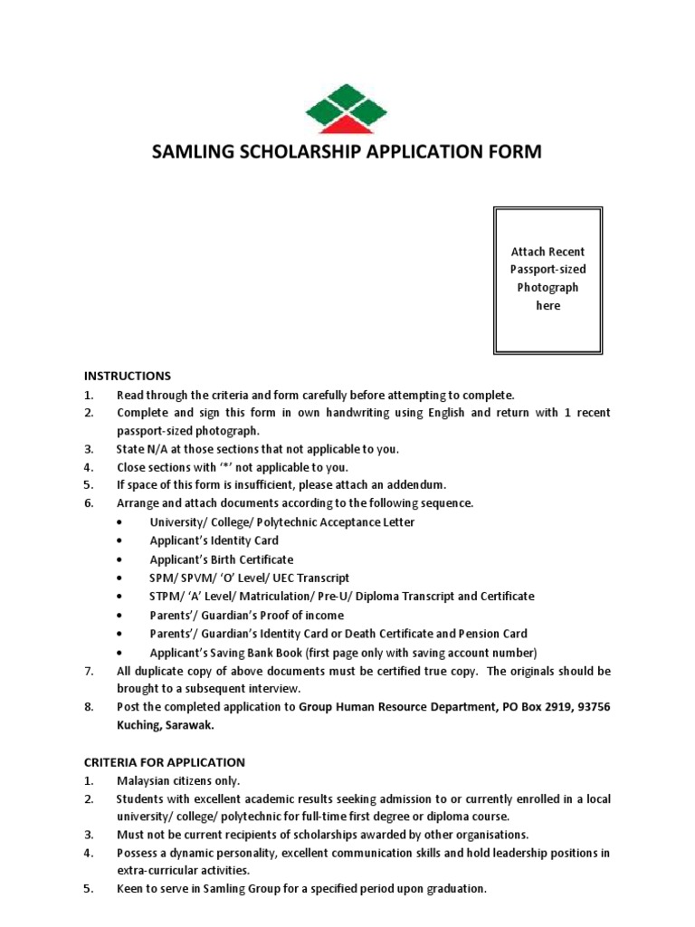 Borang Permohonan Biasiswa Samling Scholarship Application Form | PDF ...
