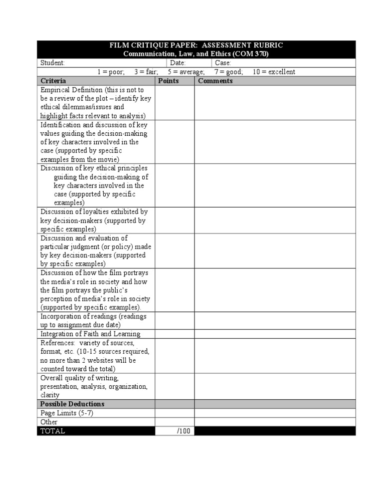 Film Critique Assessment Rubric | PDF