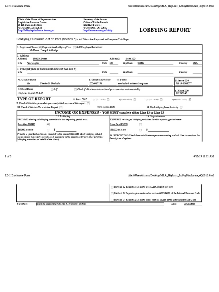 LD-2 Disclosure MLA Highstar 4Q2012 | PDF | Lobbying In The United ...